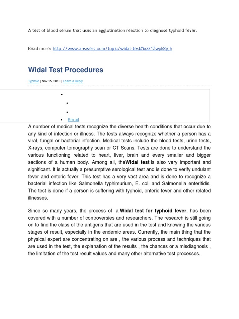 Widal Test Procedures: A Test of Blood Serum That Uses An Agglutination ...