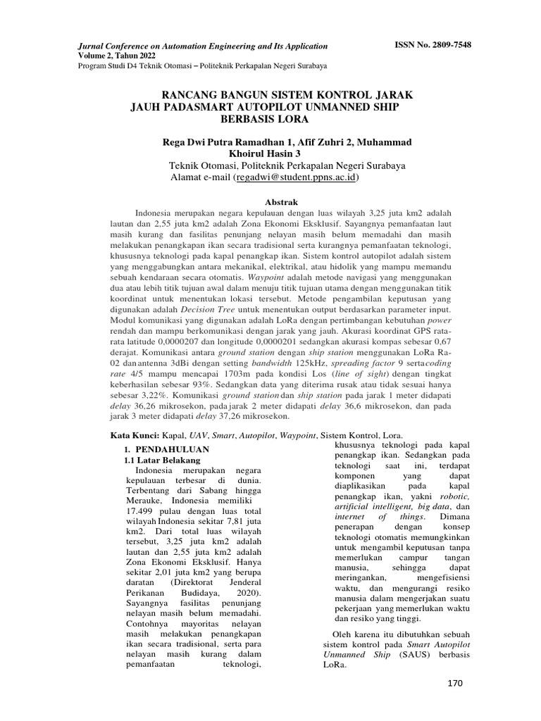 Rancang Bangun Sistem Kontrol Jarak Jauh Pada Smart Autopilot Unmanned Ship Berbasis Lora | PDF