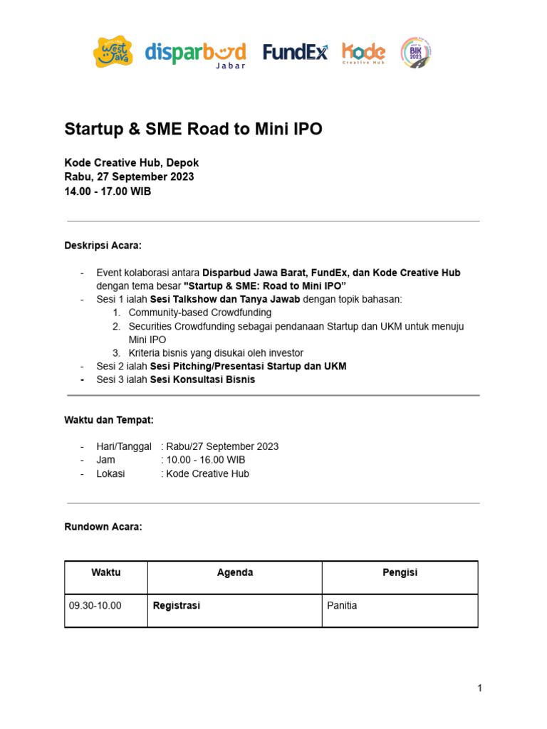 Rundown Acara - Startup & SME Road To Mini IPO-2 | PDF | Pengelolaan Keuangan & Uang | Seni