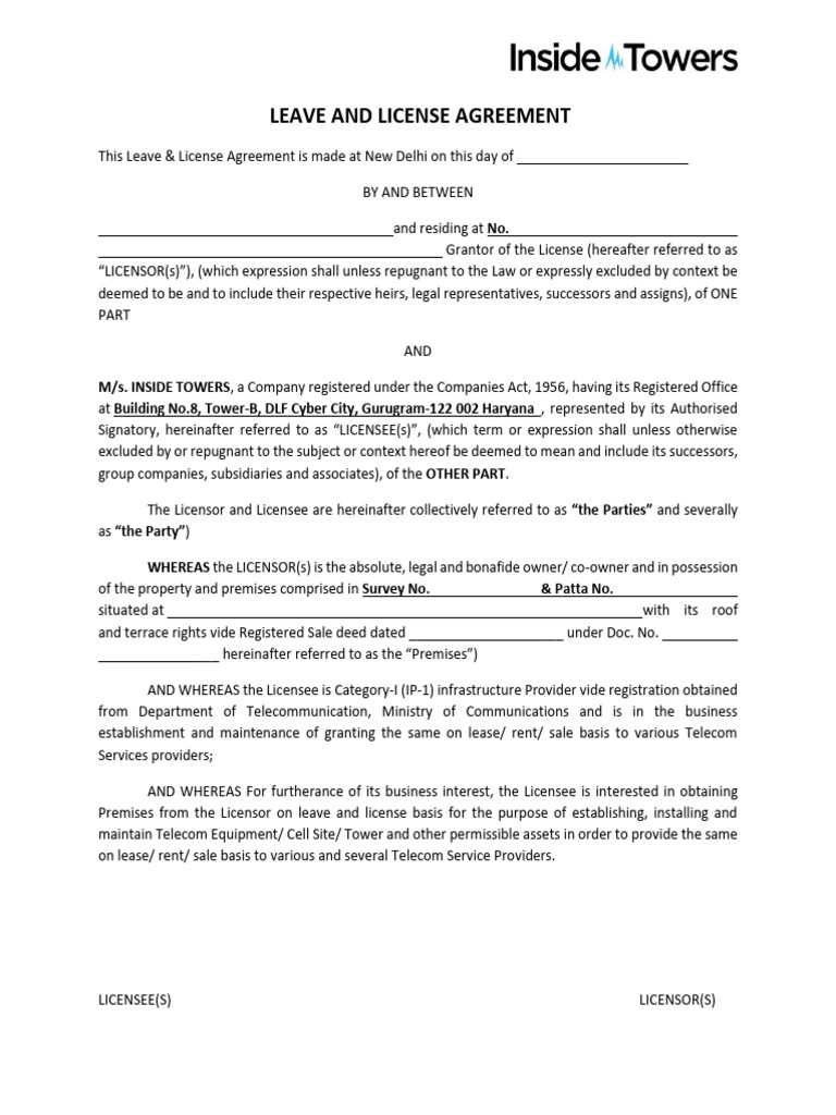 Leave and License Agreement-Indise | PDF | License | Lease
