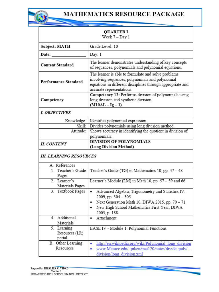 Mathematics Resource Package: Quarter I Subject: MATH Date: - Day: 1 ...