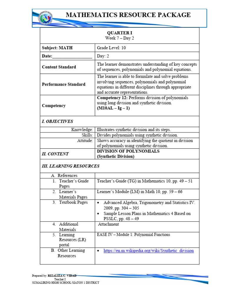 Mathematics Resource Package: Quarter I Subject: MATH Date: - Day: 2 ...