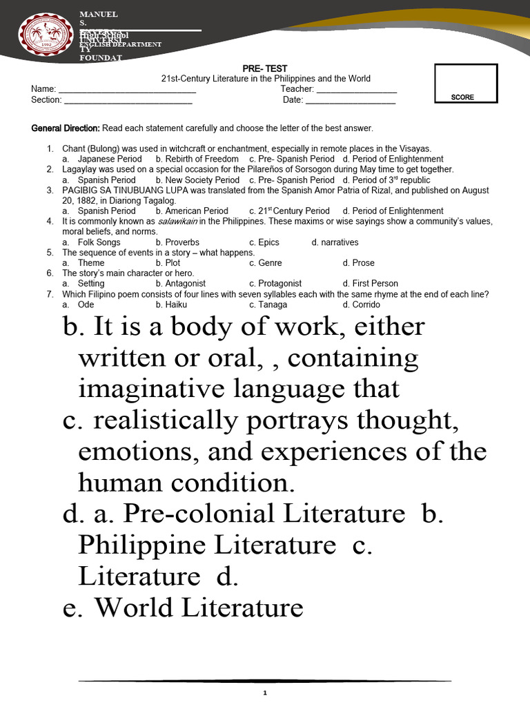 21st Lit Pre Test | PDF