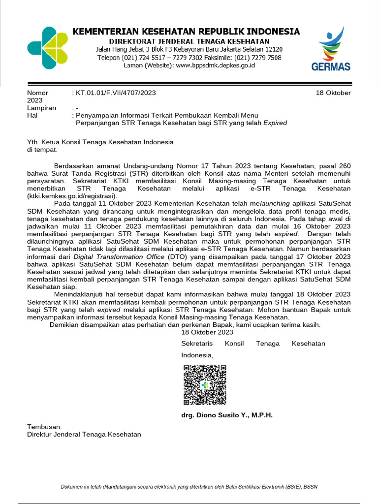 Surat Penyampaian Informasi Pembukaan Kembali Menu Perpanjangan STR | PDF
