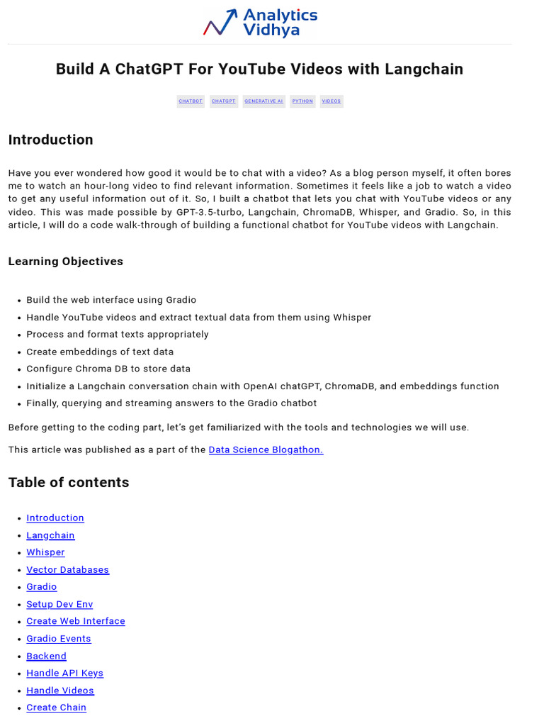 Build A Chatgpt For Youtube Videos With Langchain | Download Free PDF | Web Application | Databases