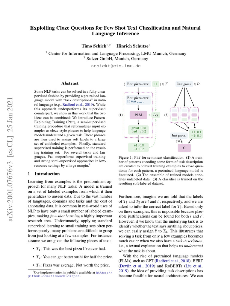 Exploiting Cloze Questions For Few Shot Text Classification and Natural Language Inference | PDF