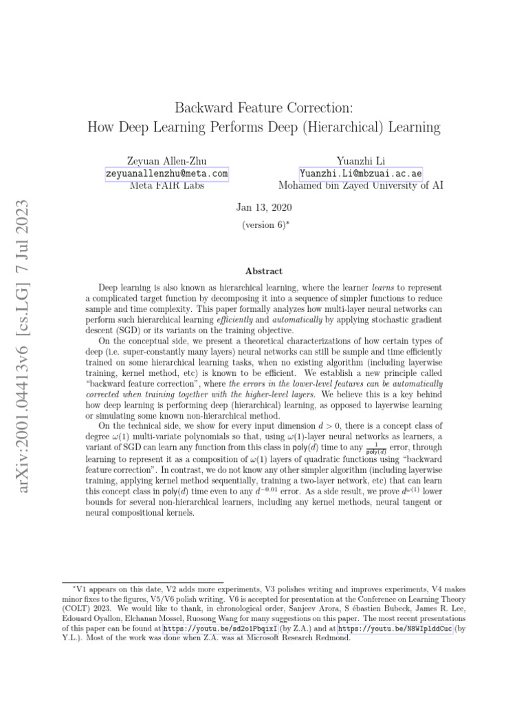 Backward Feature Correction: How Deep Learning Performs Deep (Hierarchical) Learning | PDF ...