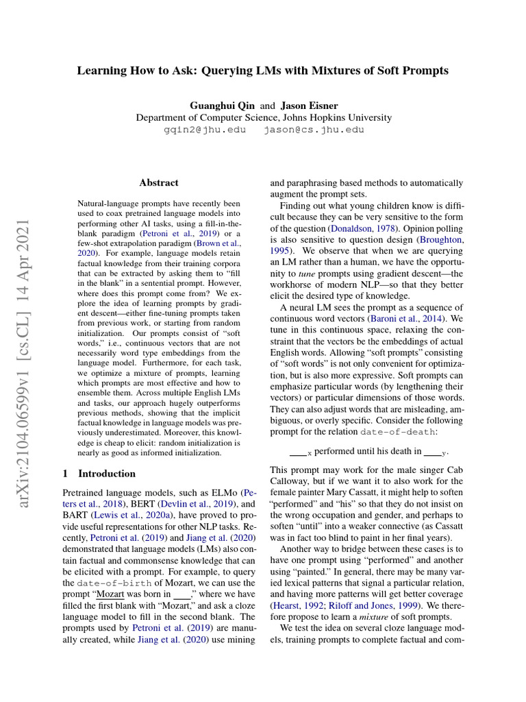 Learning How To Ask: Querying Lms With Mixtures of Soft Prompts | PDF | Applied Mathematics ...