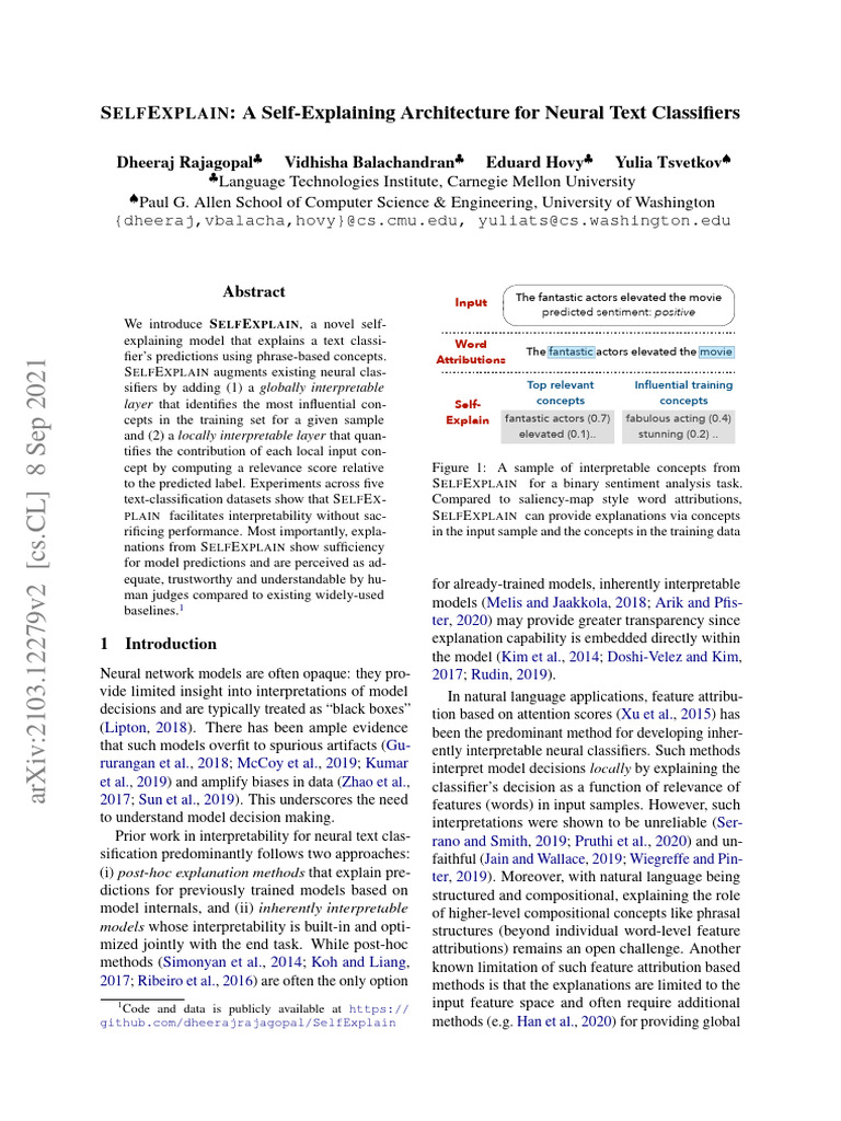 Motivation: S E: A Self-Explaining Architecture For Neural Text ...