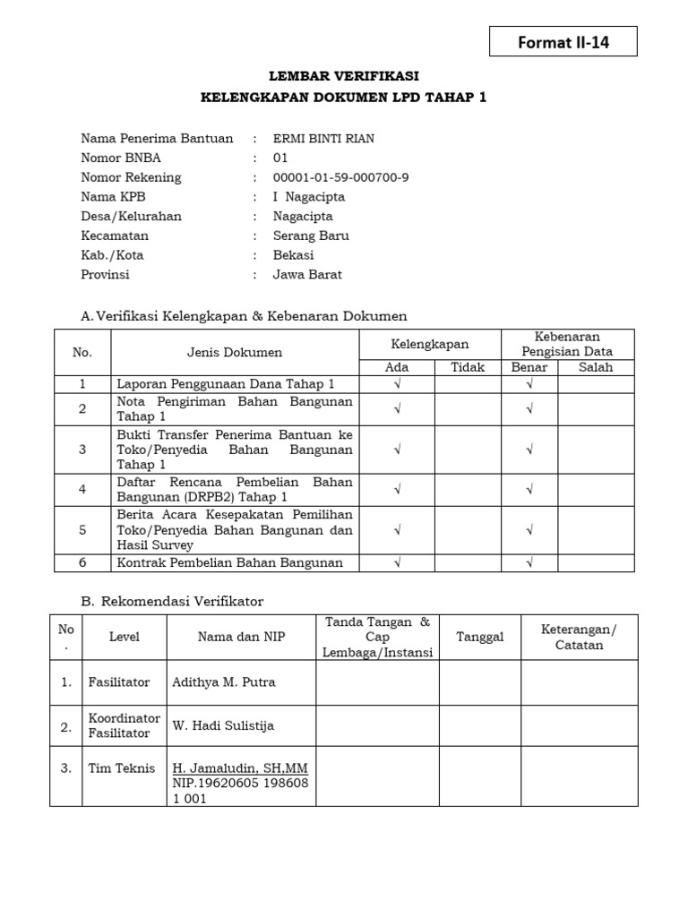 1 - Format Ceklis Verifikasi LPD Tahap 1 Nagacipta | PDF