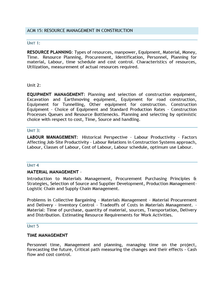 Resource Management Syllabus | PDF | Heavy Equipment | Procurement