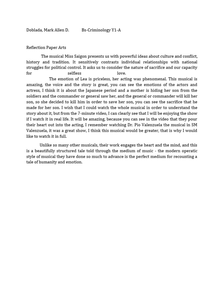 Arts Reflection Paper | PDF