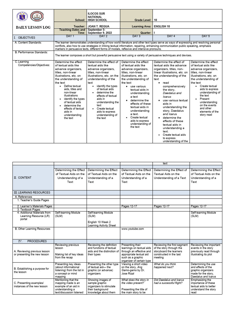 DLL Grade 10 Q1 Week2 Textual Aids | PDF | Learning | Reading Comprehension