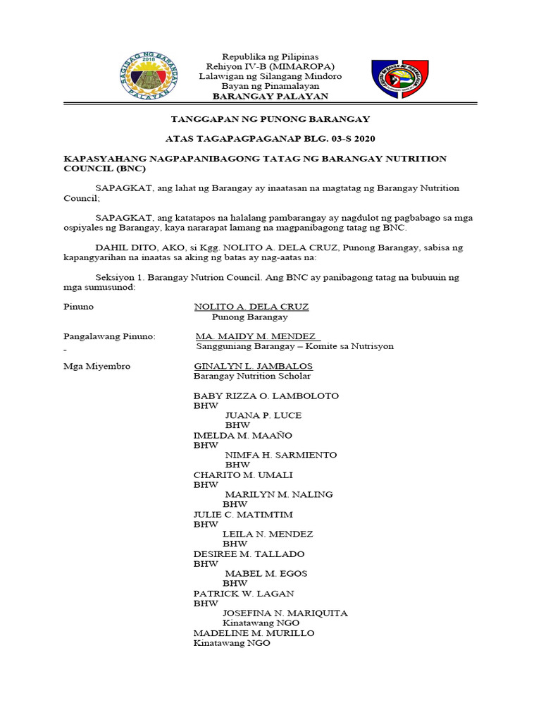 Eo-Barangay Nutrition Council (BNC) | PDF