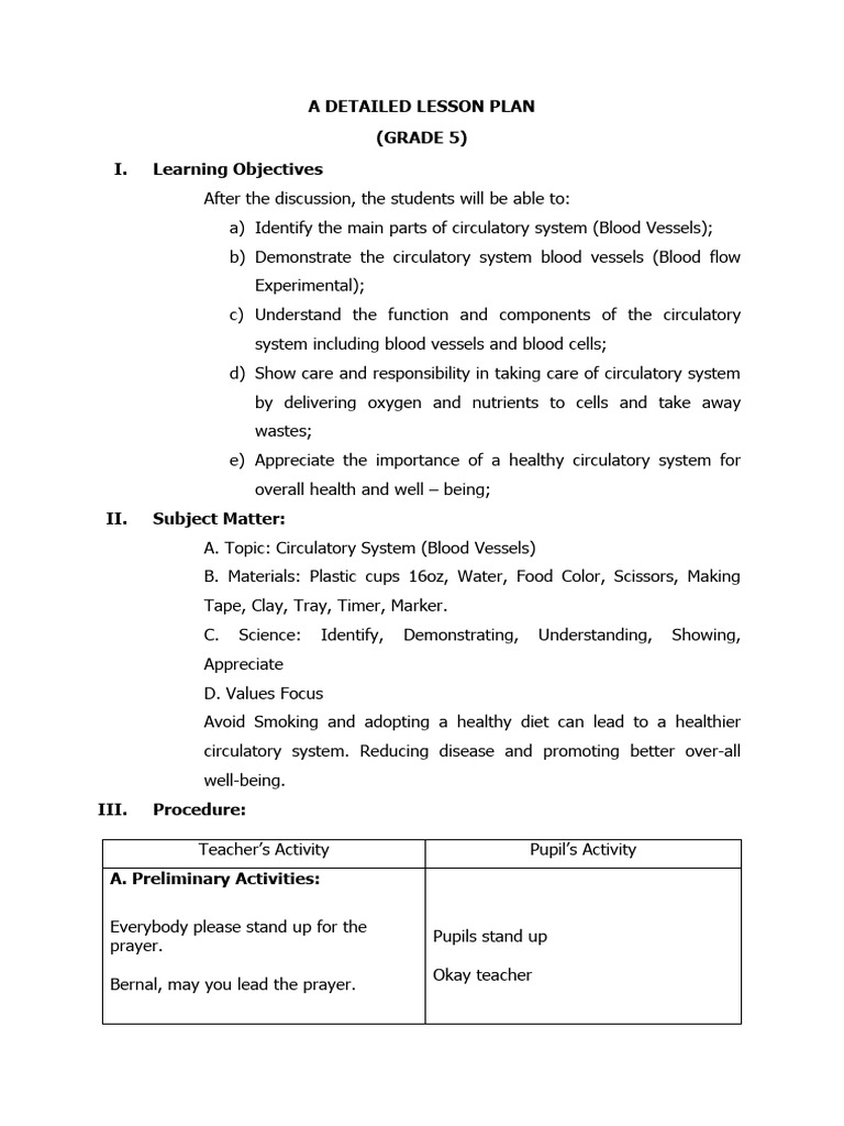 A Detailed Lesson Plan (GRADE 5) I. Learning Objectives | PDF | Artery ...