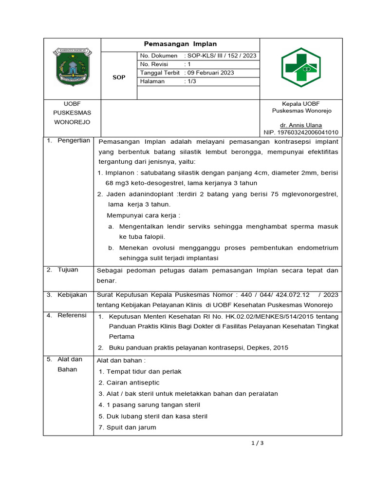 152 SOP Pemasangan Implan | PDF | Pengembangan Diri | Kesehatan Holistik