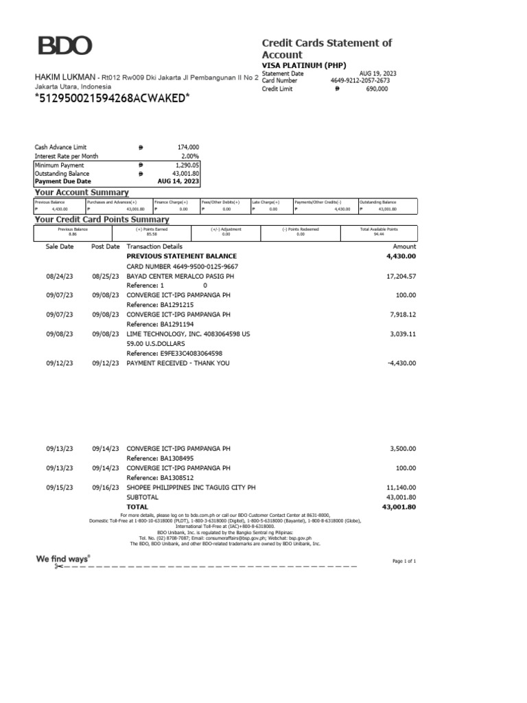 BDO Credit Card Statement Overview | PDF | Credit Card | Cheque