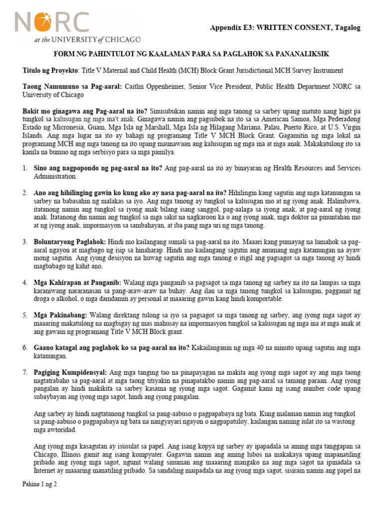 Sample Tagalog Consent Form 2 Chicago University Pdf 
