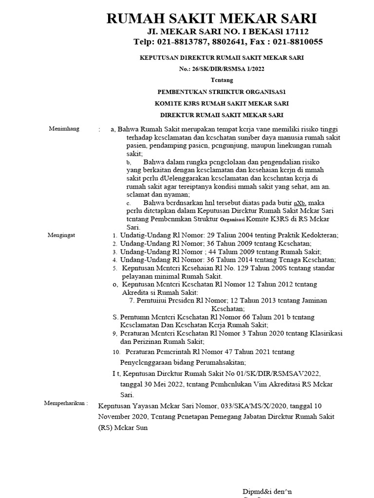 Struktur Organisasi Komite K3RS RS Mekar Sari | PDF