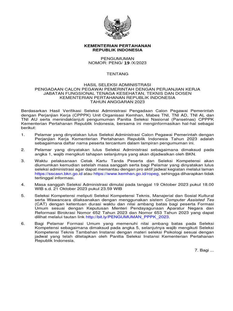 Pengumuman Hasil Seleksi Administrasi Seleksi PPPK Kemhan Ta. 2023 Pra Sanggah | PDF