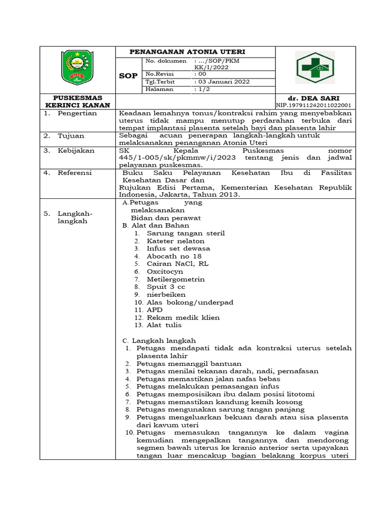 SOP&DFTR TILIK Atonia Uteri | PDF
