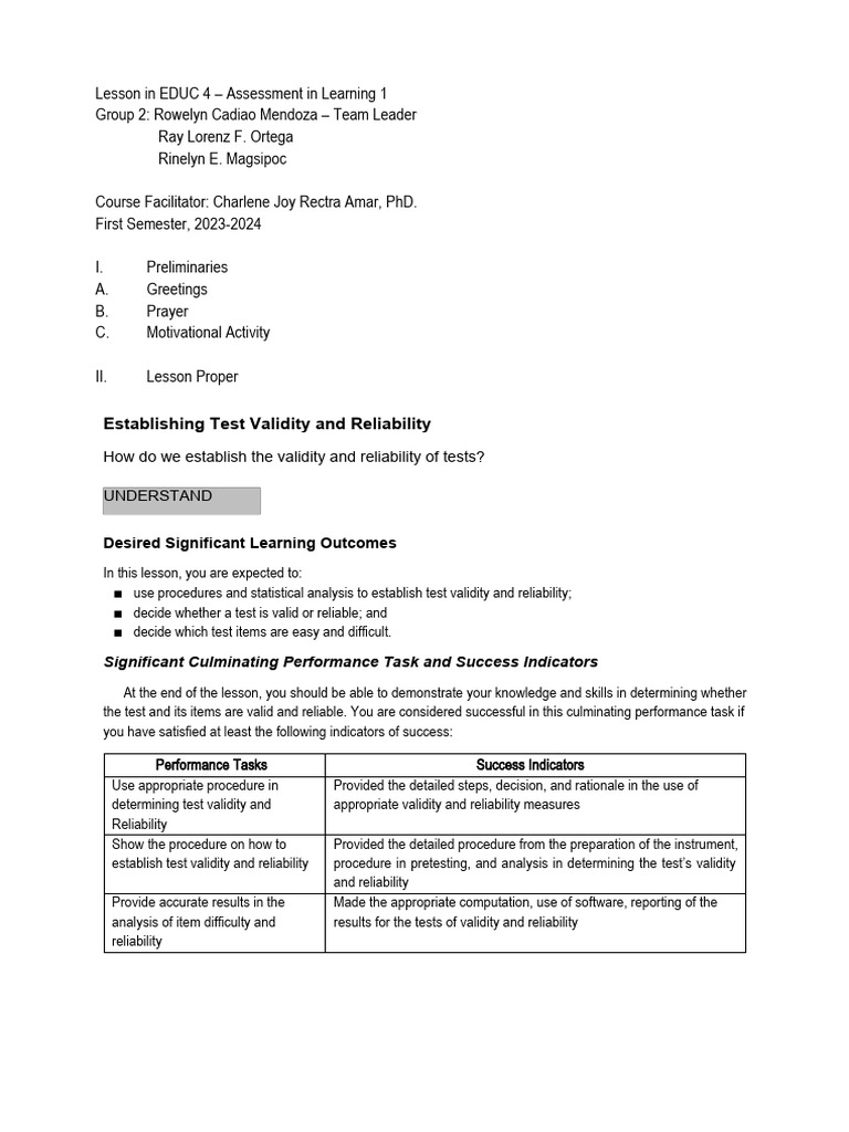 Lesson 6 Establishing Test Validity And Reliability Pdf Validity