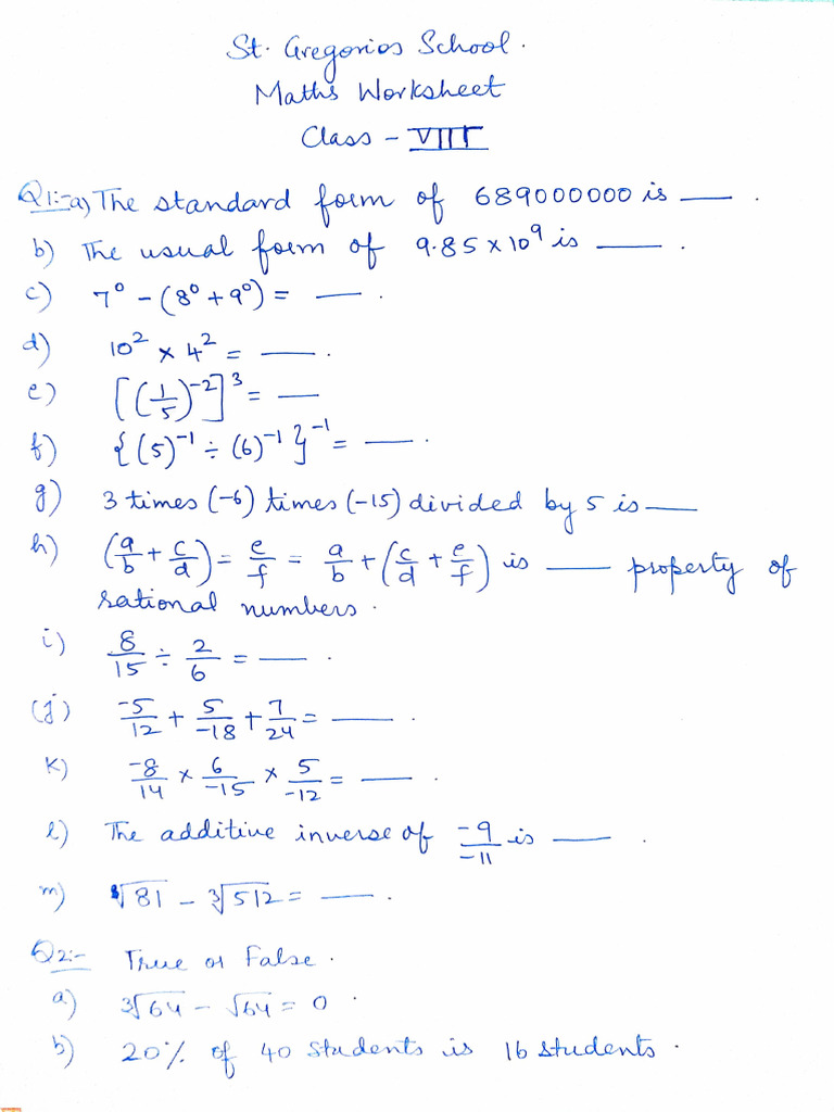 Maths Worksheet Class 8 | PDF