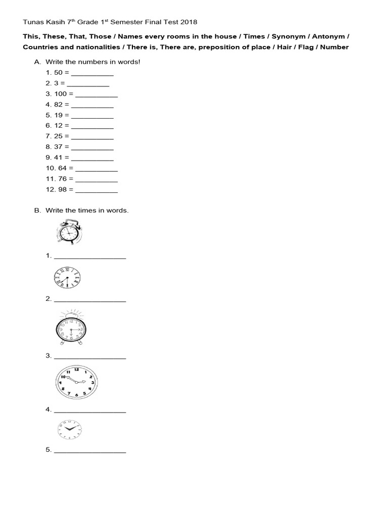 7th Grade 1st Semester Final Test | PDF | Foreign Language Studies