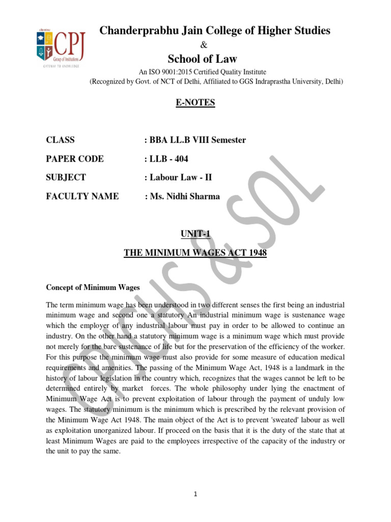 Unit-1-Labour Law-II - E-Notes-BALLB | PDF | Employment | Living Wage
