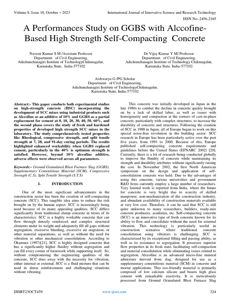 A Performances Study On GGBS With Alccofine - Based High Strength Self-Compacting Concrete | PDF ...