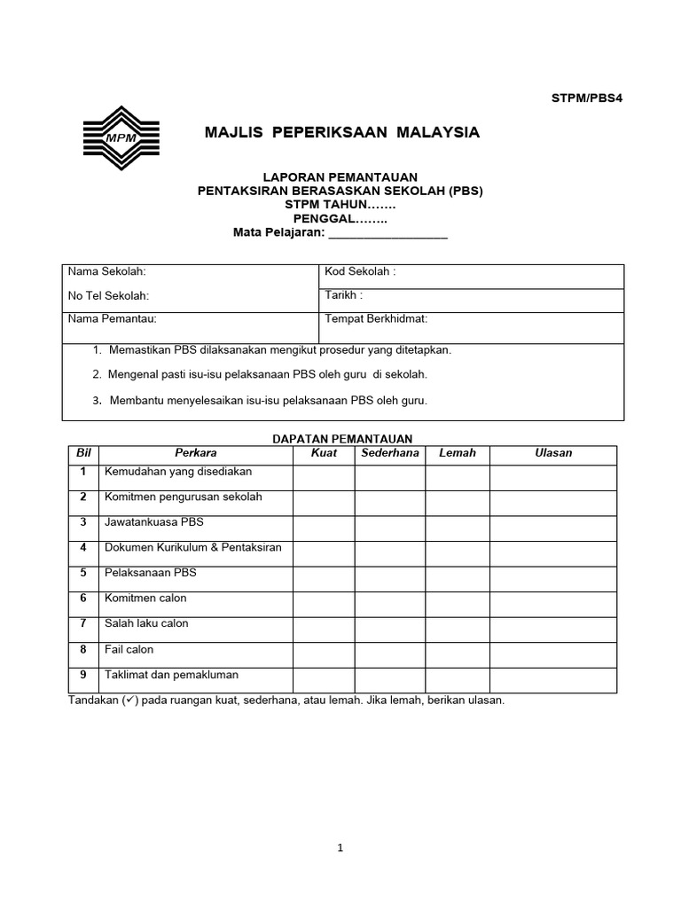 Borang Pemantauan Pemantauan PBS STPM | PDF