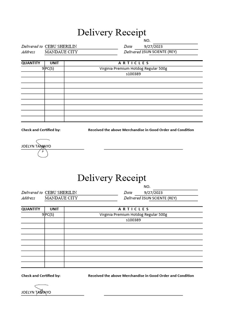Delivery Receipt For Return | PDF