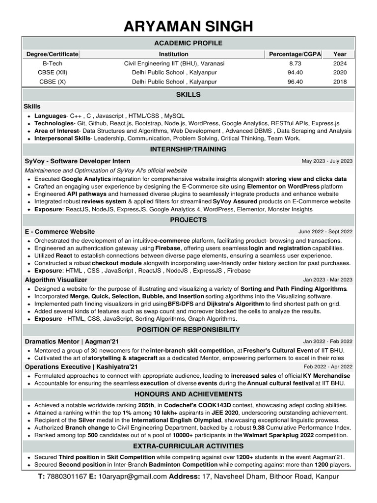 Aryaman Singh Placement Resume | PDF