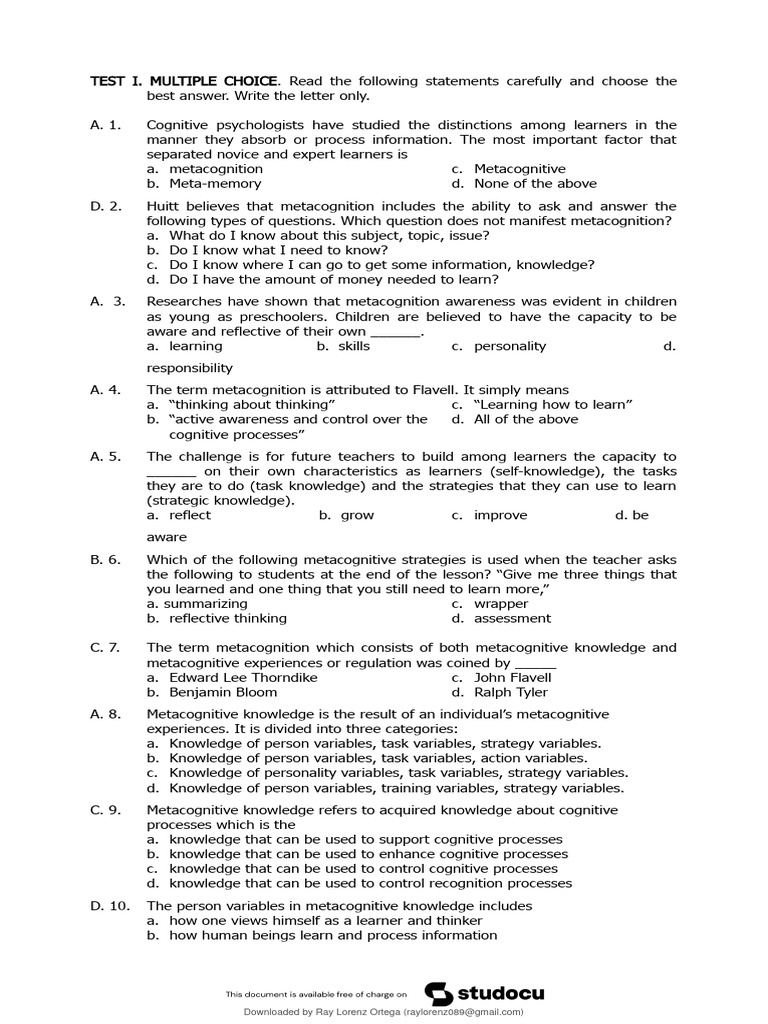 Learner-Centered Teaching Exam Review | PDF | Metacognition | Id