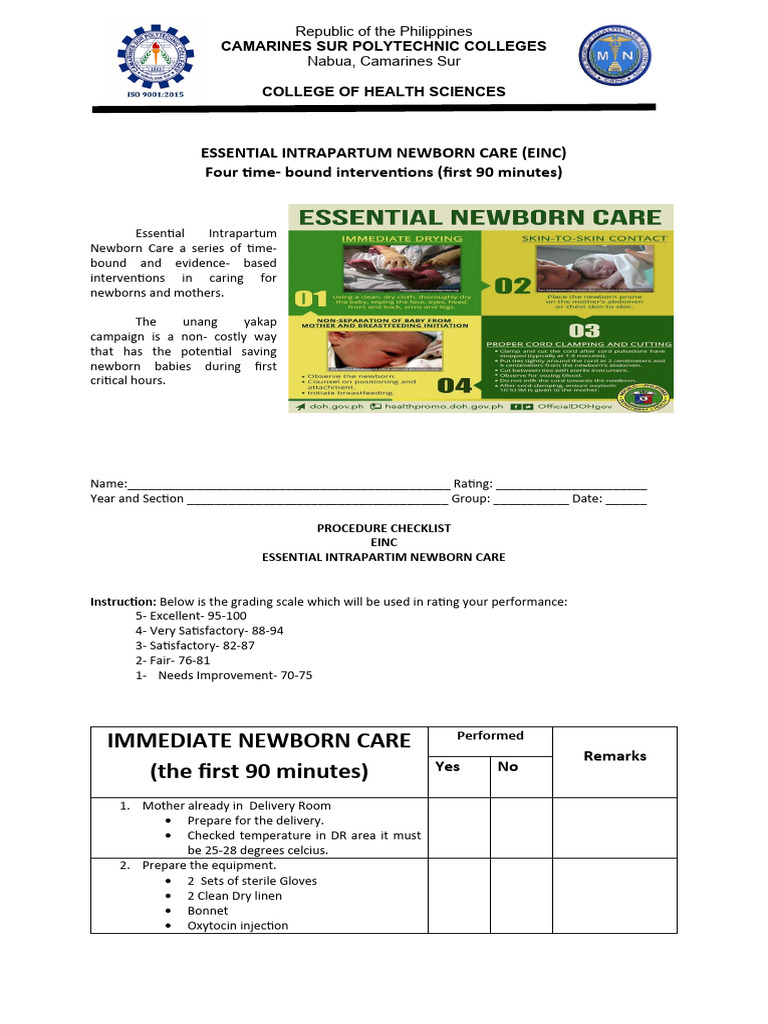 EINC Procedure Checklist Guide | PDF | Childbirth | Breastfeeding