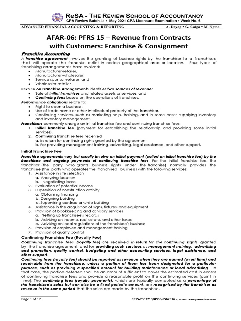 AFAR-06: Revenue From Contracts With Customers: Franchise & Consignment | PDF | Franchising ...