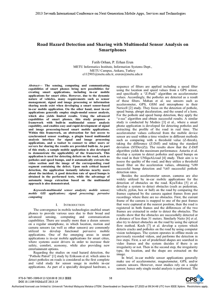 Road Hazard Detection and Sharing With Multimodal Sensor Analysis On Smartphones | PDF ...