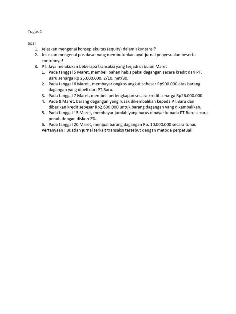 Tugas 1 Pengantar Akuntansi | PDF | Pengelolaan Keuangan & Uang