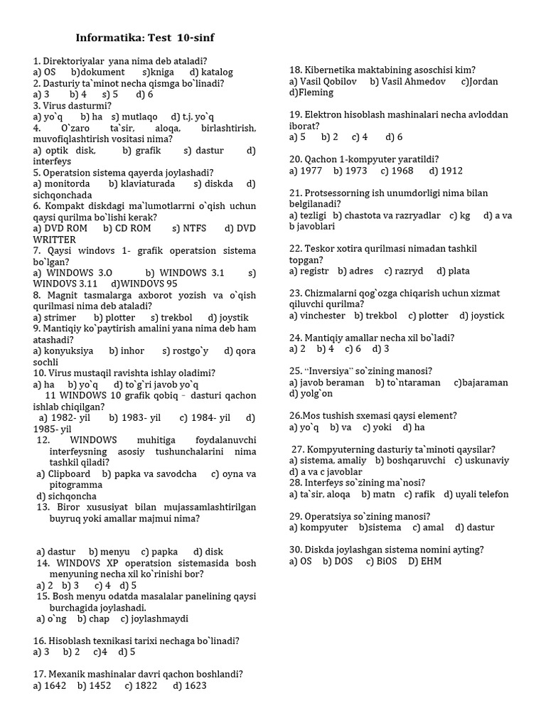 10 Sinf Informatika Test | PDF