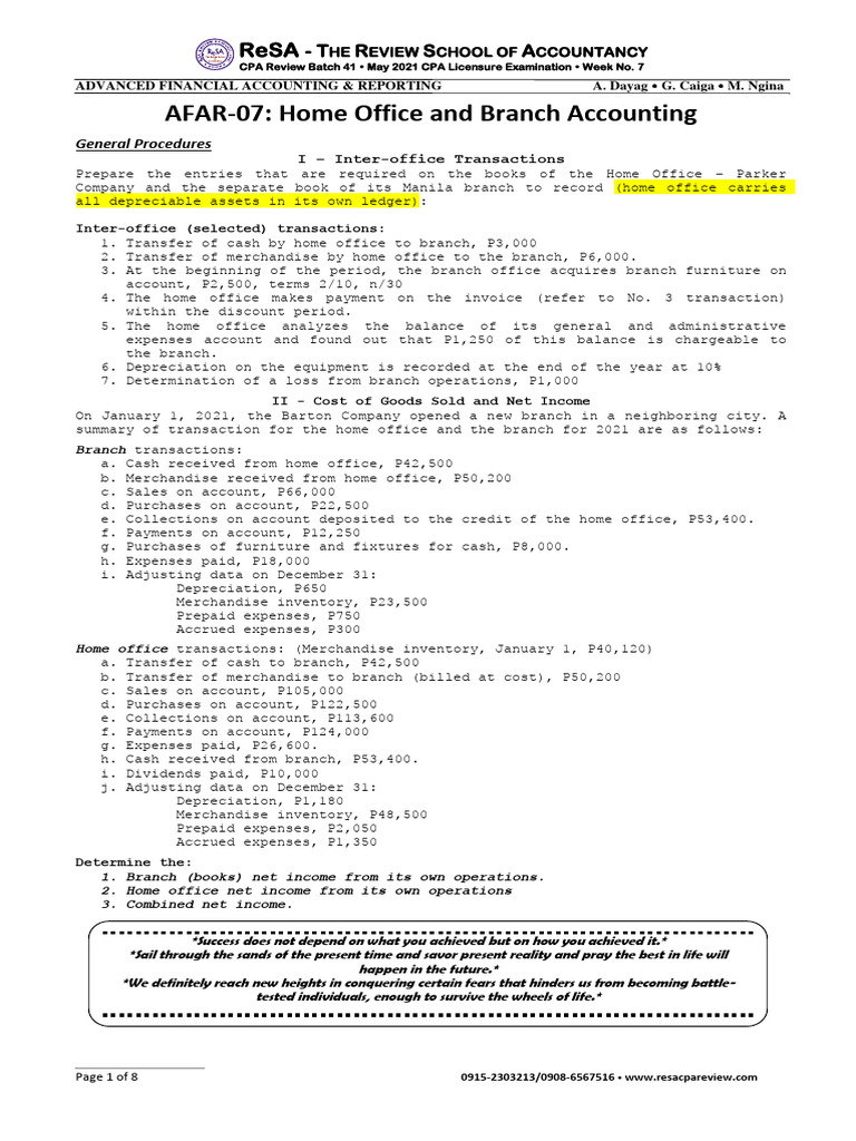 AFAR-07:Home Office and Branch Accounting | PDF | Debits And Credits ...
