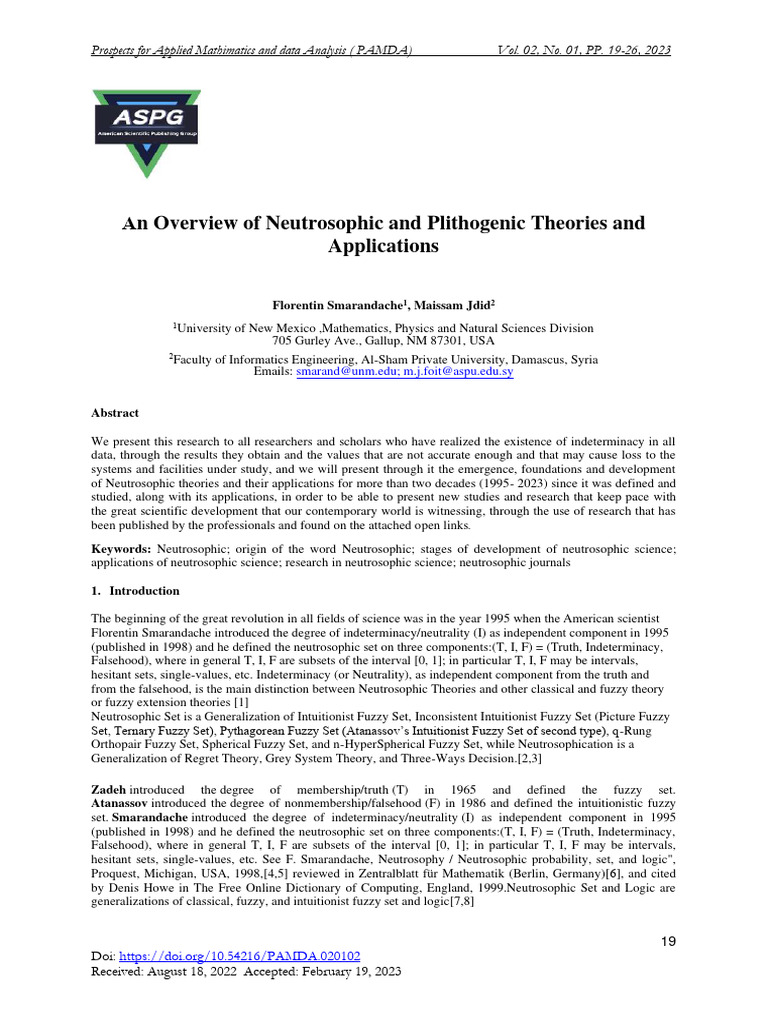 An Overview of Neutrosophic and Plithogenic Theories and Applications | PDF | Axiom | Fuzzy Logic
