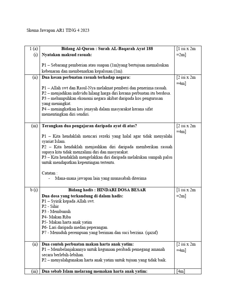 Skema Jawapan Ar1 Tingkatan 4 2023 | PDF