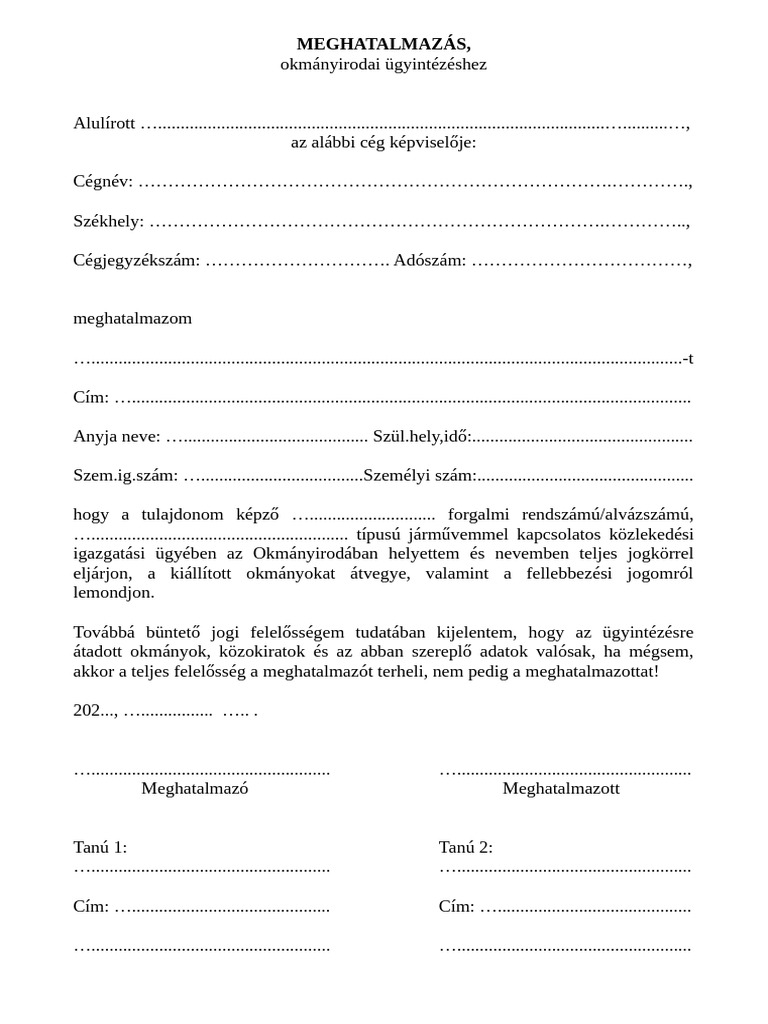 Meghatalmazás-Okmányiroda Céges Üres | PDF