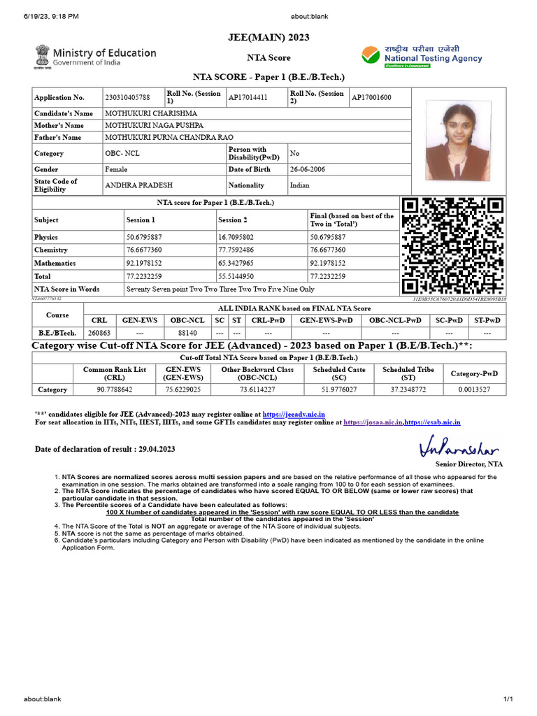 JEE (MAIN) 2023: NTA Score NTA SCORE - Paper 1 (B.E./B.Tech.) | PDF | Qualifications | Student ...