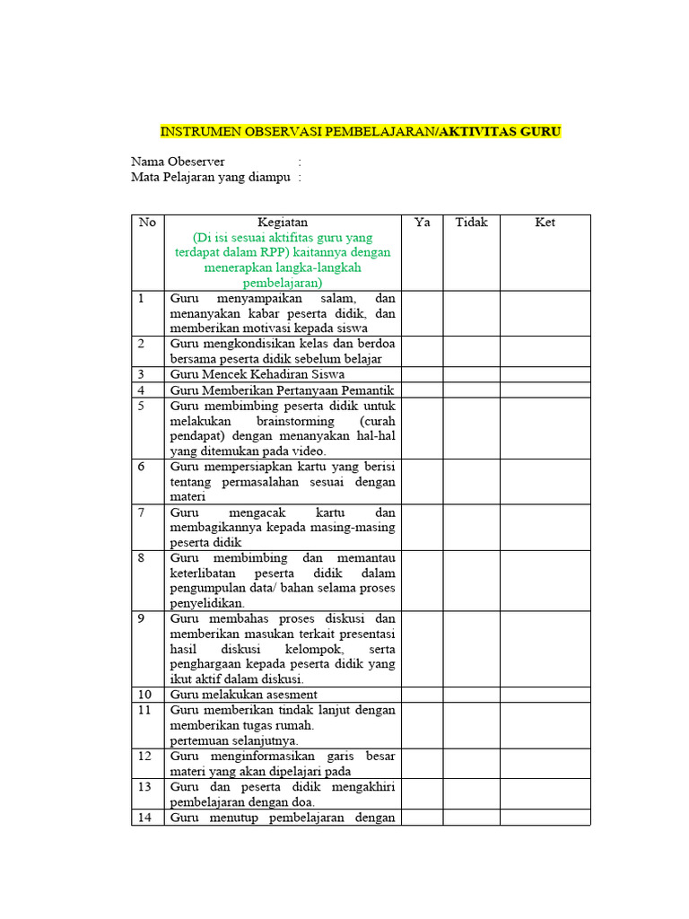 Instrumen Observasi Pembelajaran | PDF | Karier & Perkembangan