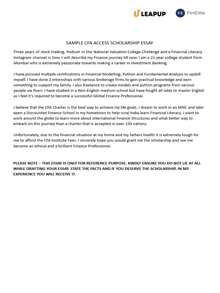Sample Cfa Access Scholarship Essay 2023 | PDF Sample Cfa Access Scholarship Essay 2023 | PDF