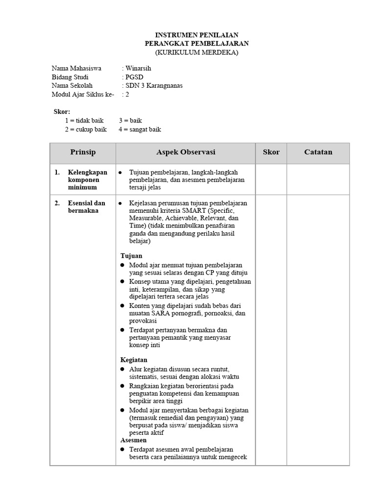Format Penilaian Penyusunan Perangkat Pembelajaran Oleh DPLTiap Siklus ...