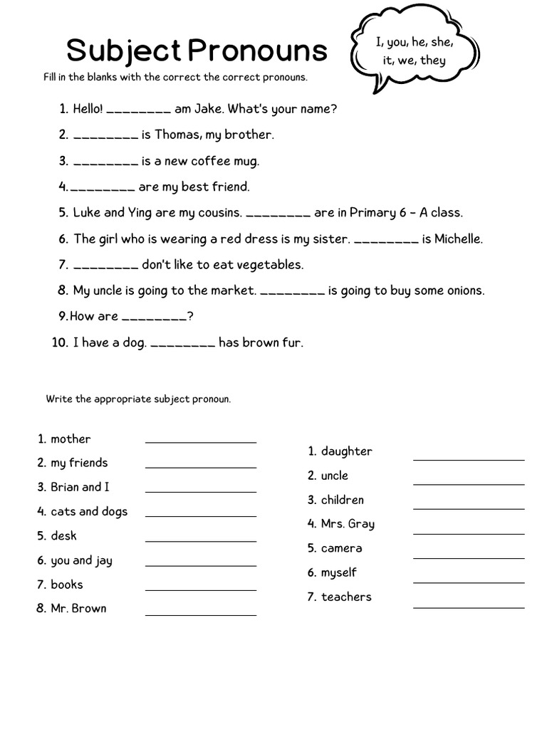 Subject Pronouns Printable Worksheets | PDF