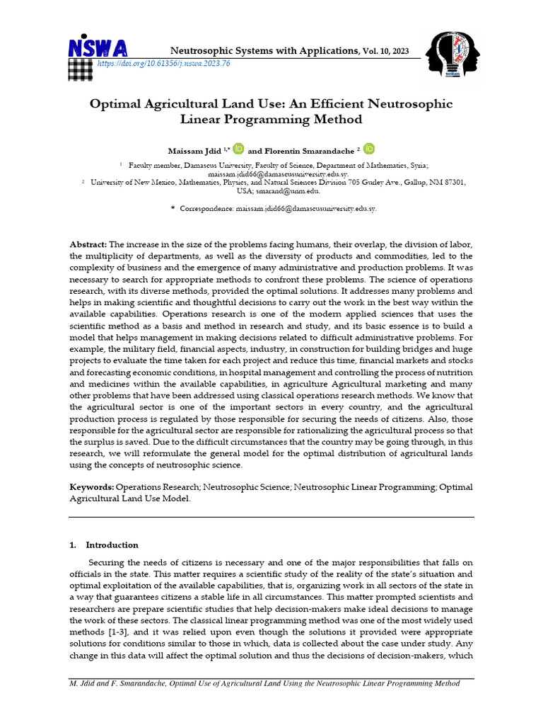 Optimal Agricultural Land Use An Efficient Neutrosophic Linear Programming Method Pdf
