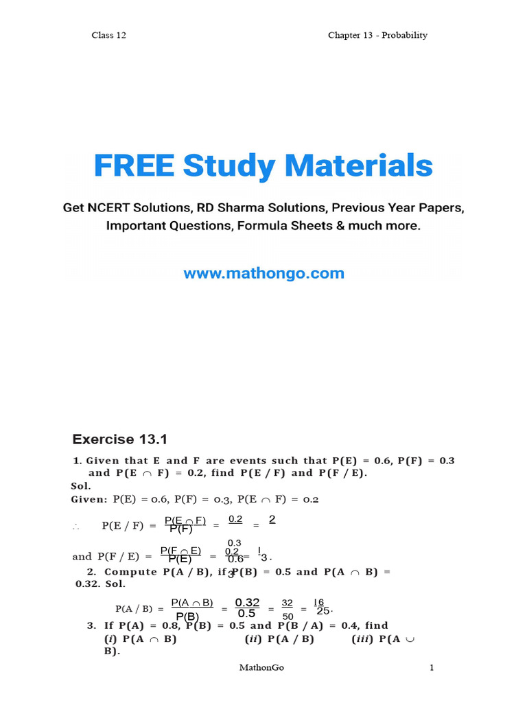 Class 12 Probability Solutions | PDF | Measure Theory | Probability And Statistics